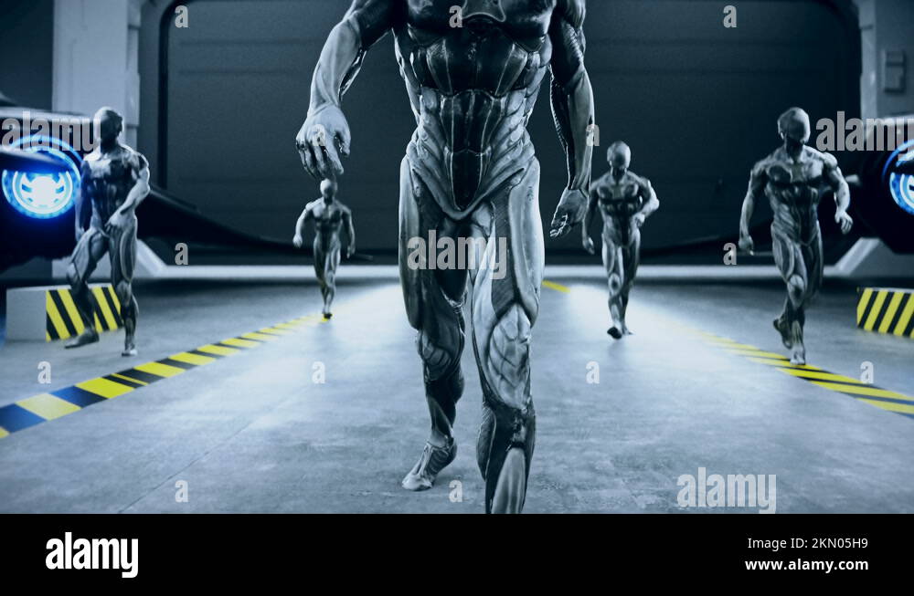 Military space futuristic soldiers walk in mitary space base. Realistic ...