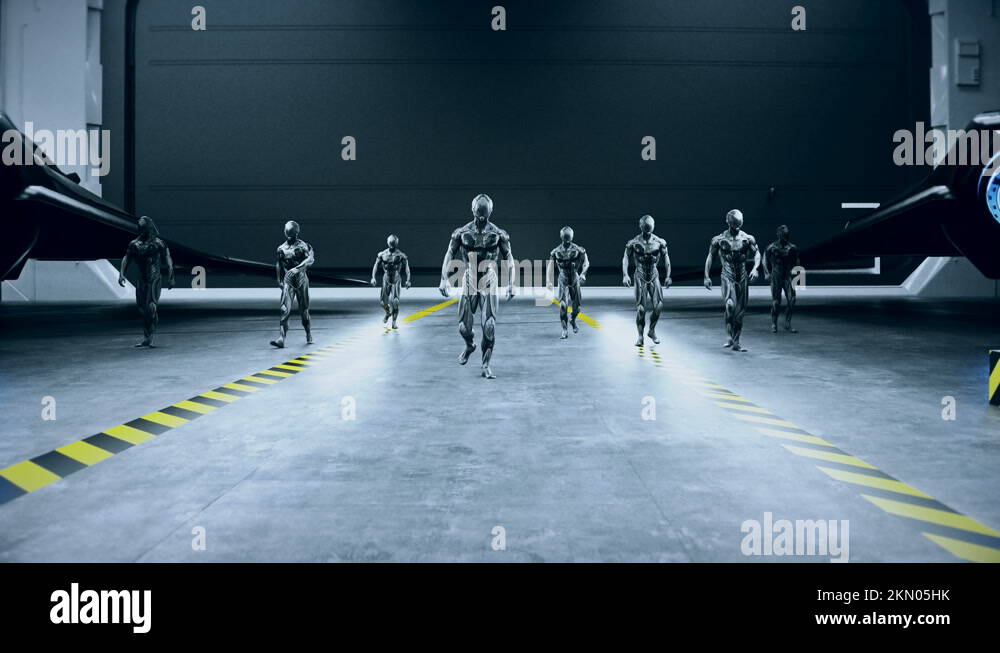 Military space futuristic soldiers walk in mitary space base. Realistic ...