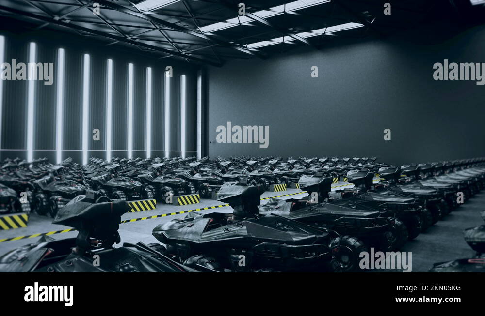 Futuristic military tanks in military base. Realistic 4k animation ...