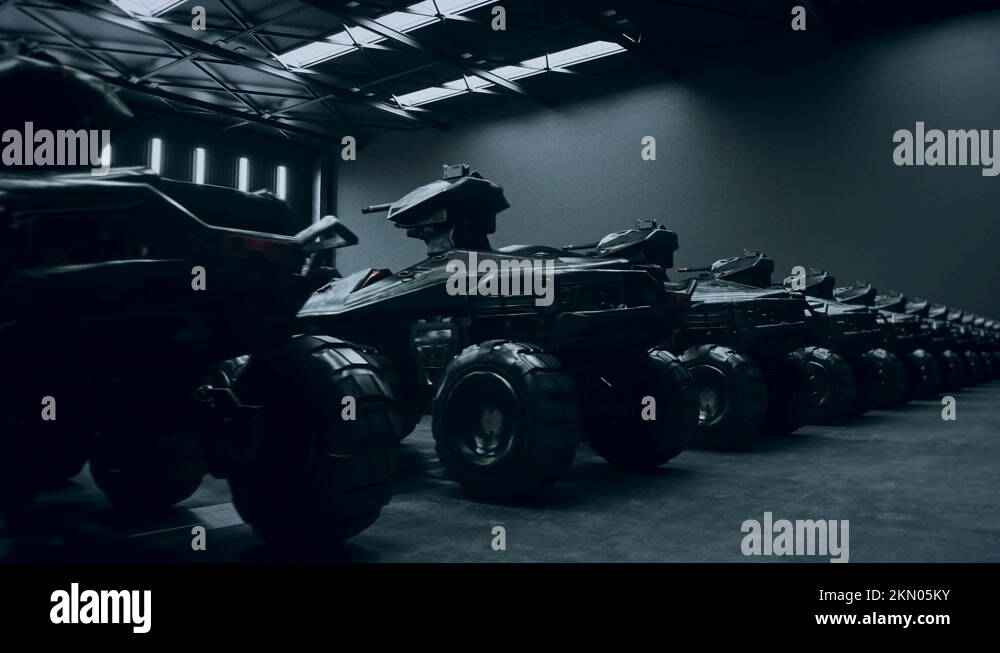 Futuristic military tanks in military base. Realistic 4k animation ...