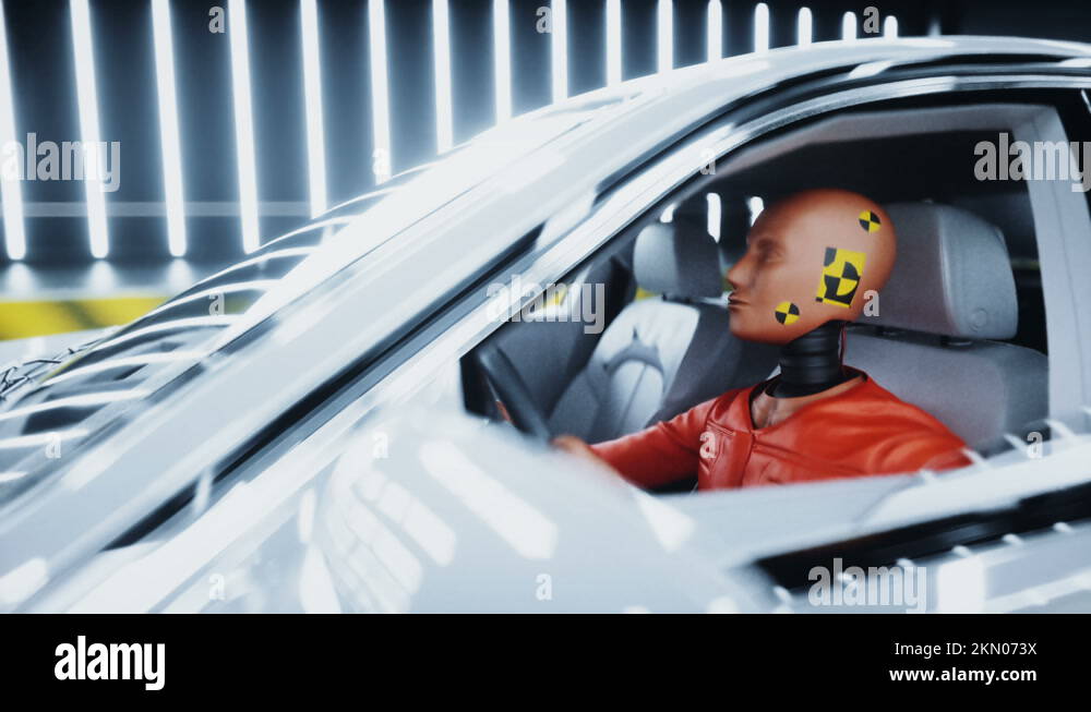 Generic 3d car crash test with crashtest dummy. Car destruction ...