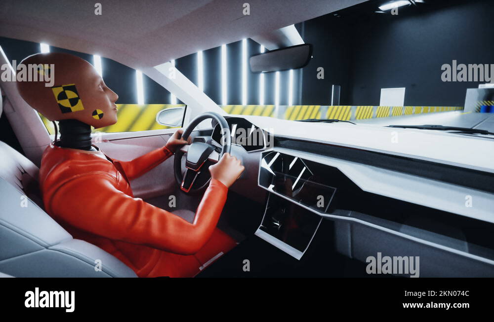 Generic 3d car crash test with crashtest dummy. Car destruction ...