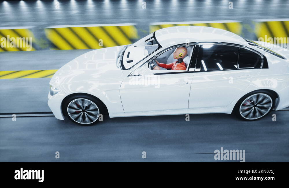 Generic 3d car crash test with crashtest dummy. Car destruction ...