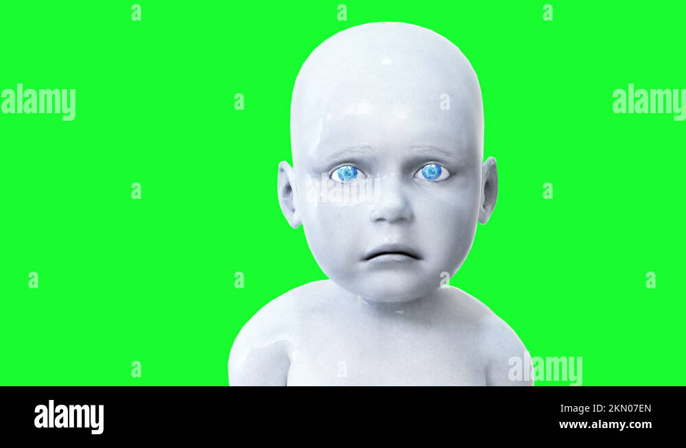 Sad speaking robot baby, children. Green screen realistic animation ...