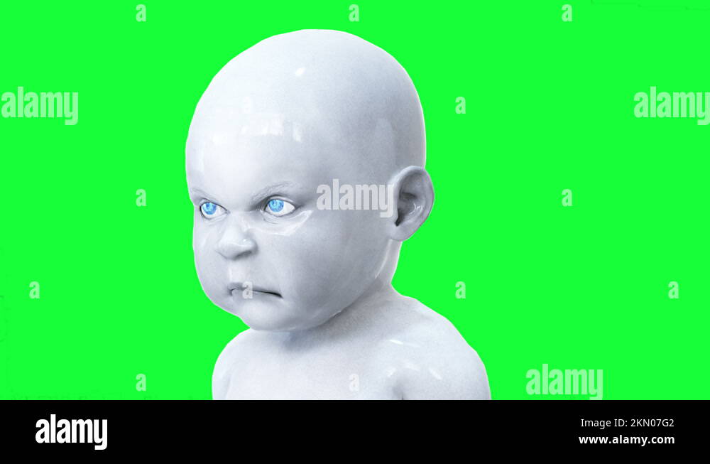 Evil speaking robot baby, children. Green screen realistic animation ...