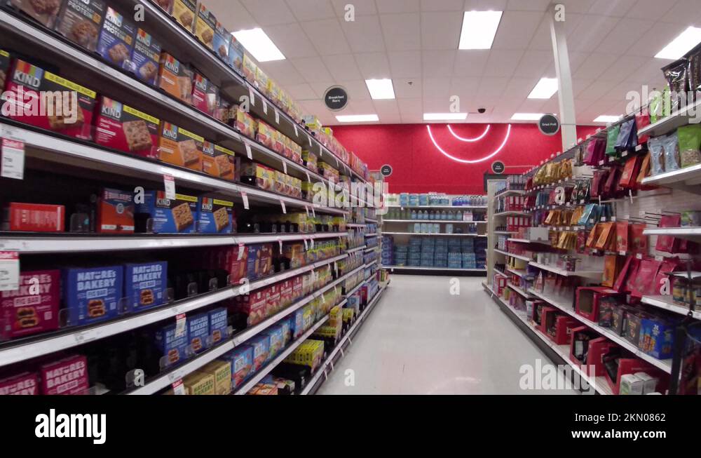 Target retail store interior candy aisle and water wall Stock Video ...