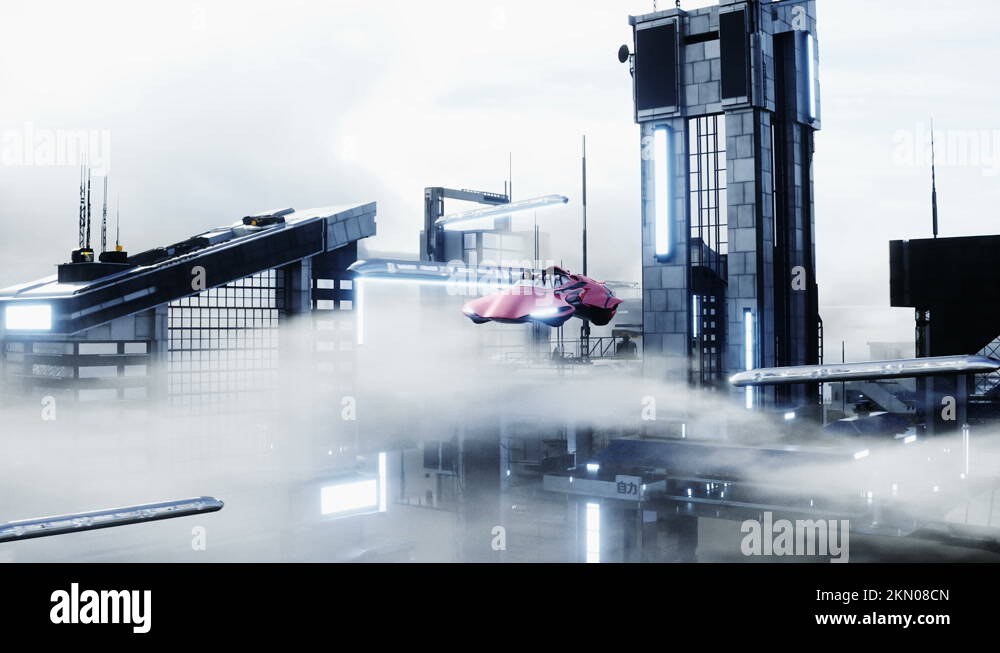 young girl on a flying car in the futuristic city. Over clouds. Future ...