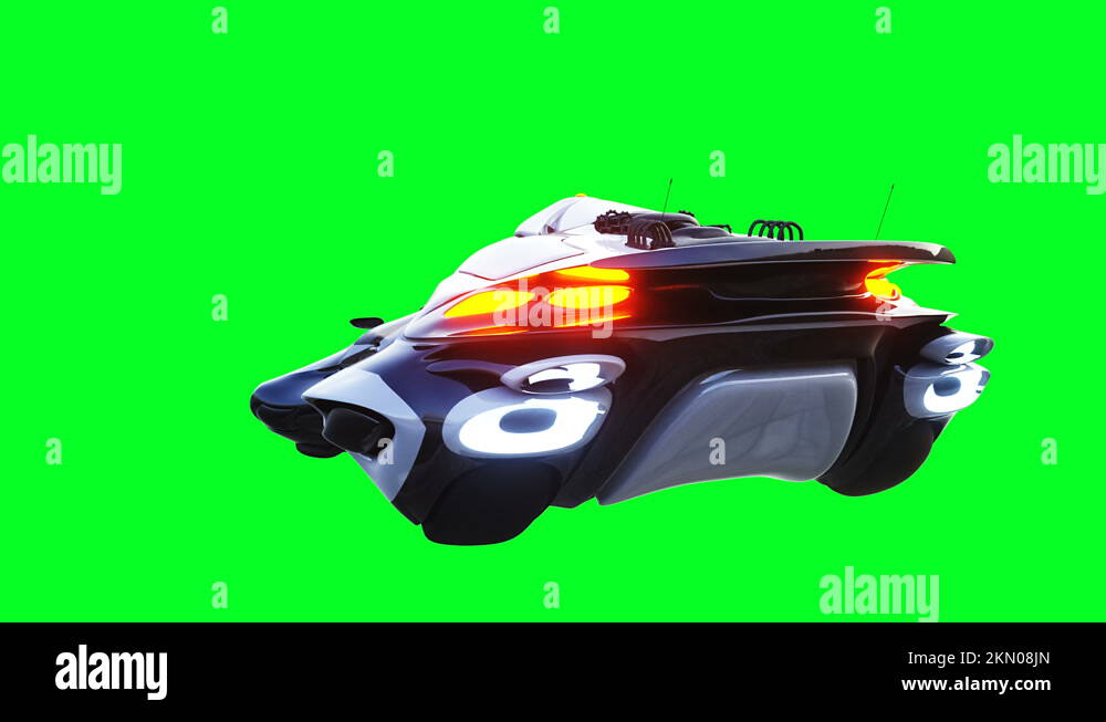 Futuristic sci fi flying car. Realistic 4k green screen animation ...