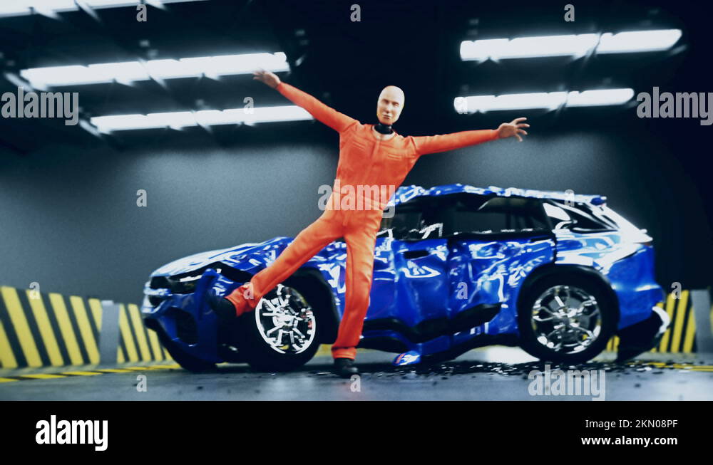 Crash test funny dummy, mannequin dancing. Car crash. Realistic 4k ...