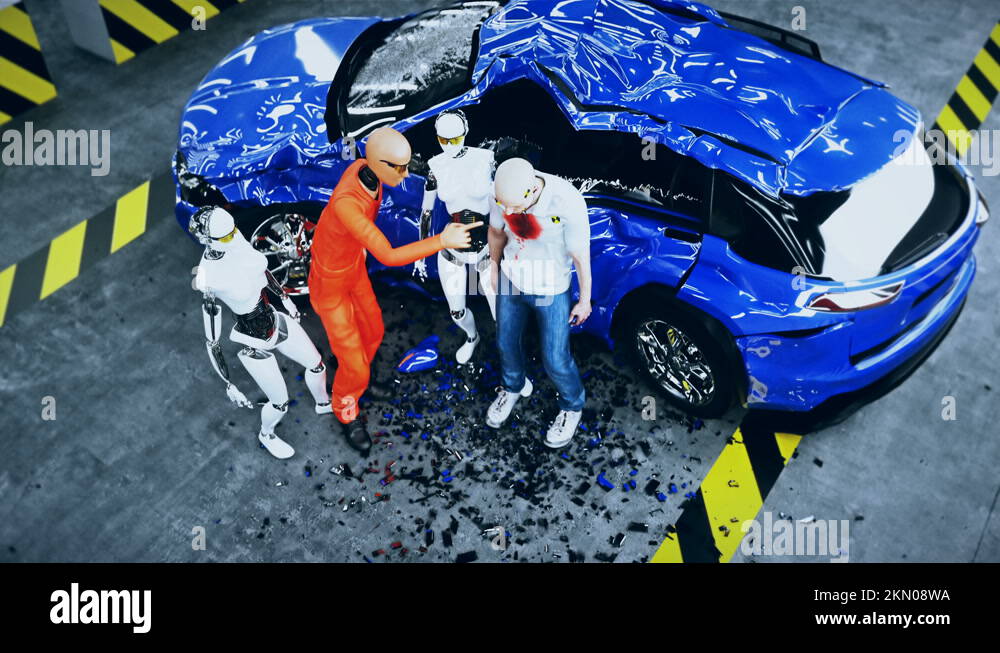 Robot crash test dummy and man. Future concept. Realistic 4k animation ...