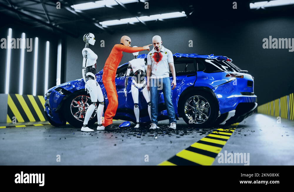 Robot crash test dummy and man. Future concept. Realistic 4k animation ...