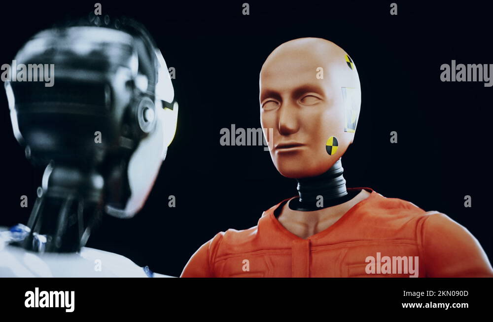 Robot crash test dummy and female robot. Future concept. Realistic 4k ...