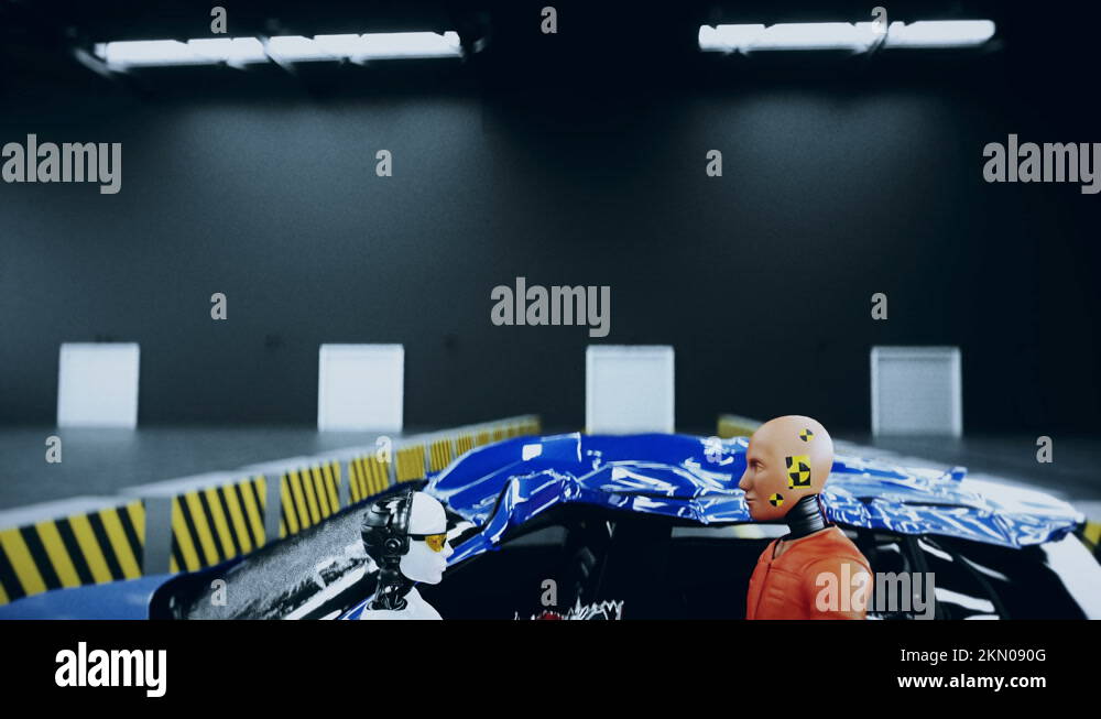 Robot crash test dummy and female robot. Future concept. Realistic 4k ...