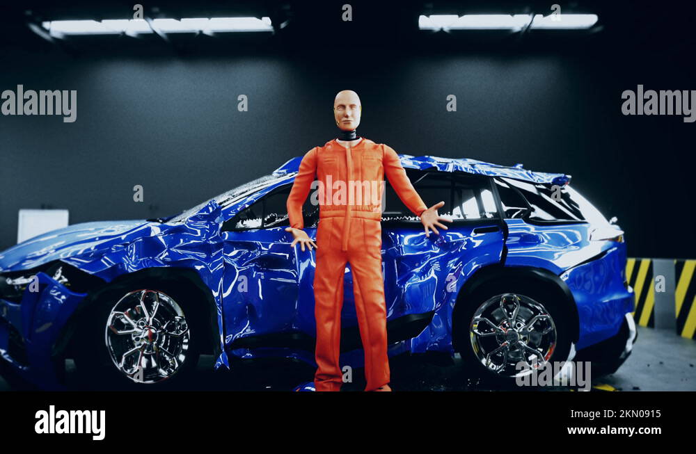 Robot crash test dummy speaking near car crash test. Future concept ...