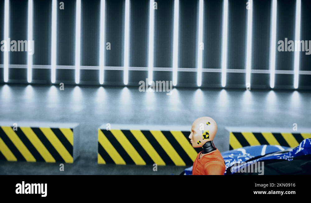 Robot crash test dummy speaking near car crash test. Future concept ...
