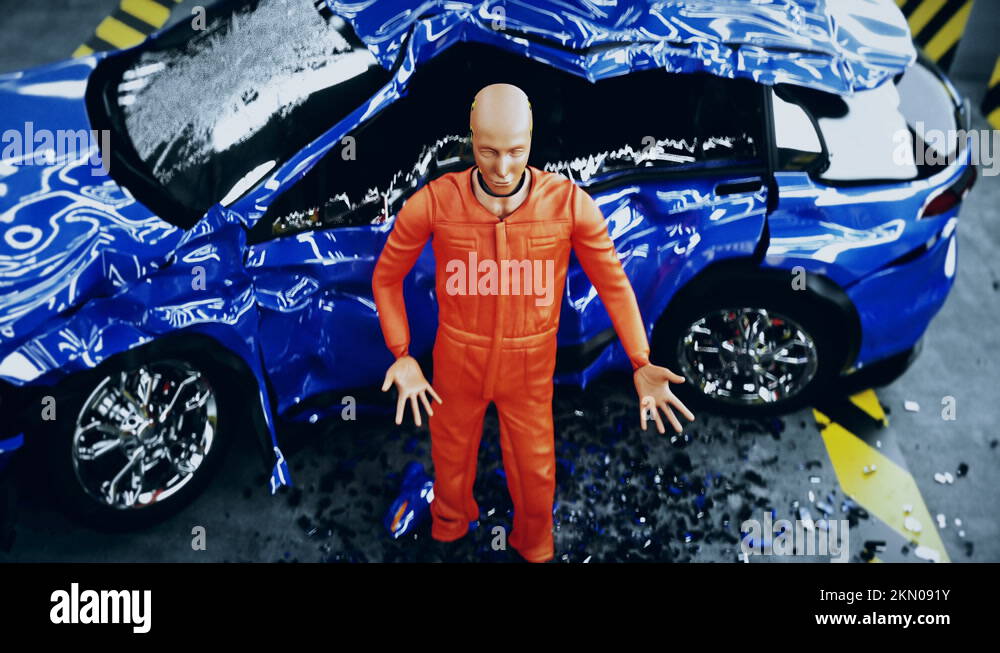 Robot crash test dummy speaking near car crash test. Future concept ...