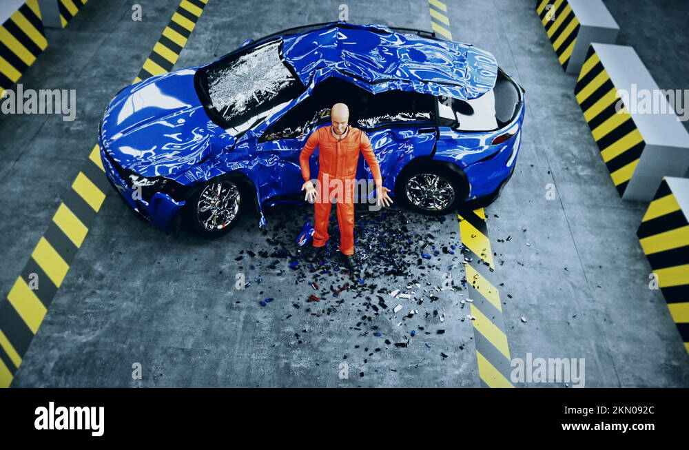 Robot crash test dummy speaking near car crash test. Future concept ...