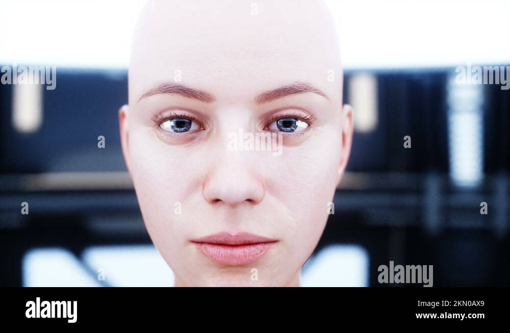 Female robotic droid in sci fi futuristic metall room. Future concept ...