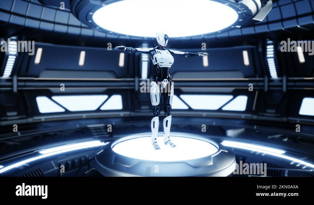 Female robot in sci fi futuristic metall room. Future concept ...