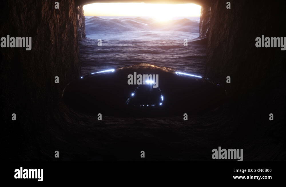 Futuristic old sci fi ship flying in rock cave. Future concept ...