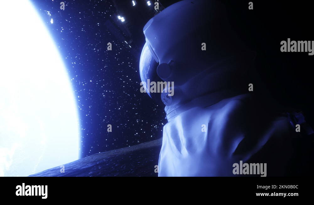 Alone astronaut in space rock cave. Space view. Realistic 4k animation ...