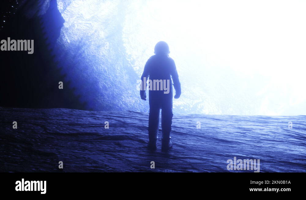 Alone astronaut in space rock cave. Space view. Realistic 4k animation ...