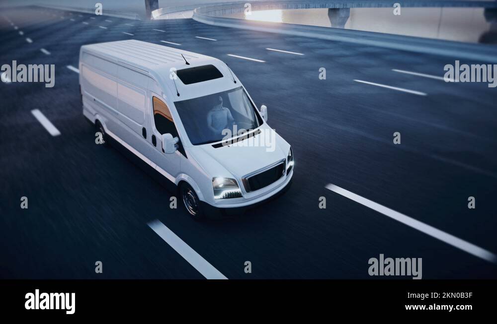 3d generic white delivery van on highway. Very fast driving. Delivery ...