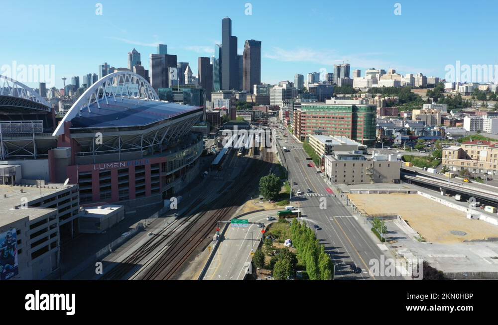 Cinematic 4K aerial drone dolly shot of Lumen Field, King Street ...