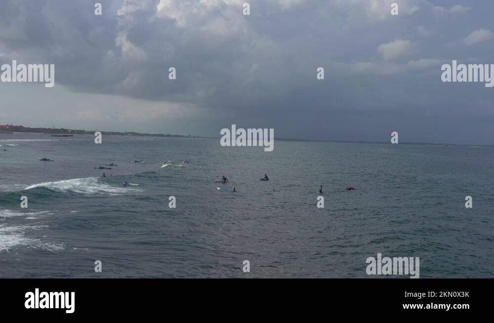 bali island surf beach crowded waves coastline aerial panorama 4k ...