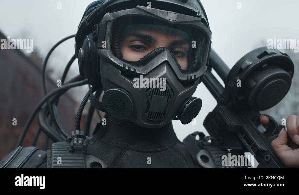 Portrait female future soldier, cyborg girl in futuristic combat suit ...