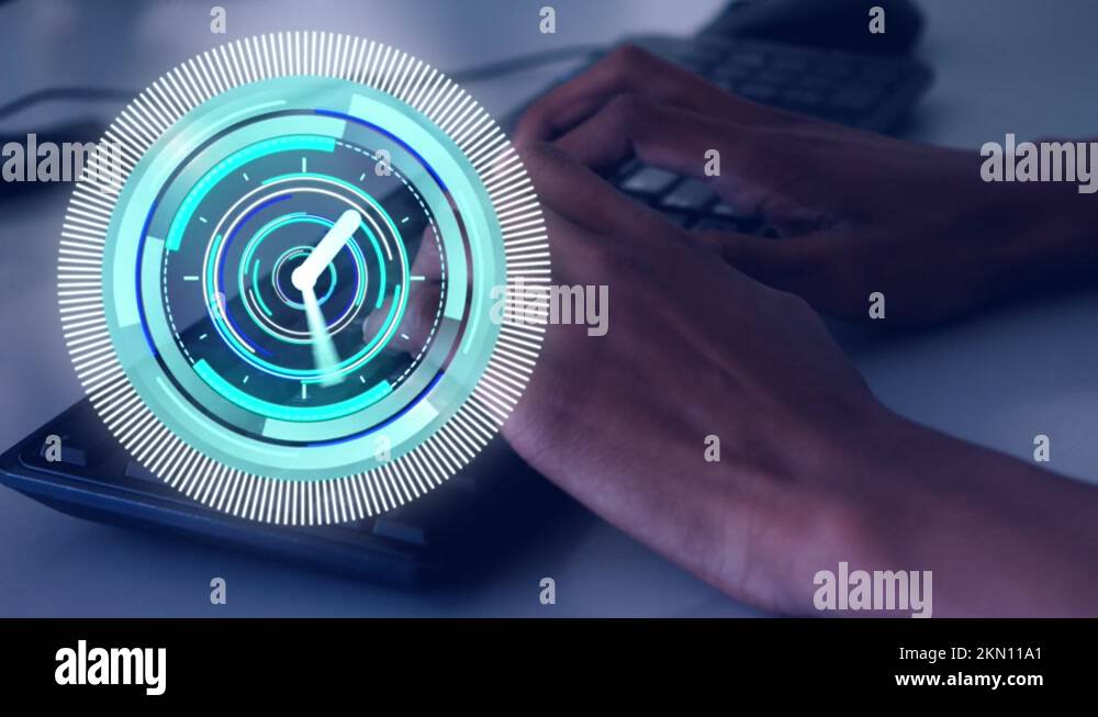 Animation of scope scanning with clock over person using keyboard Stock Video Footage - Alamy