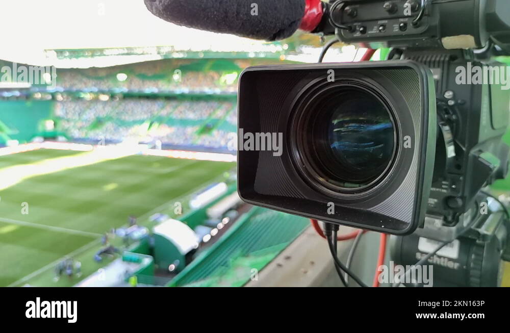 Lens Of Professional Video Camera At Soccer Stadium To Broadcast ...