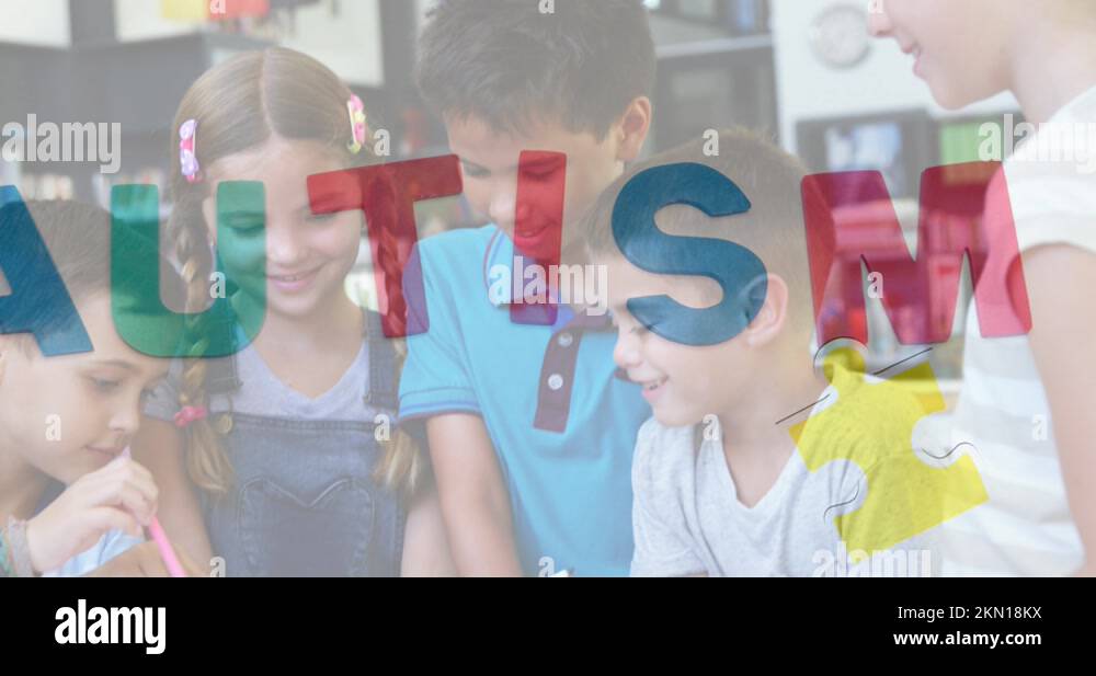 Animation of colourful puzzle pieces and autism text over school ...