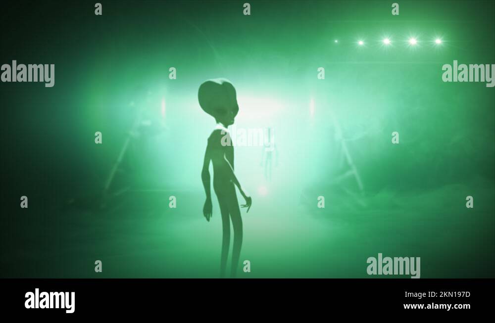 3D CGI VFX animation of a classic Roswell grey alien turning to look ...