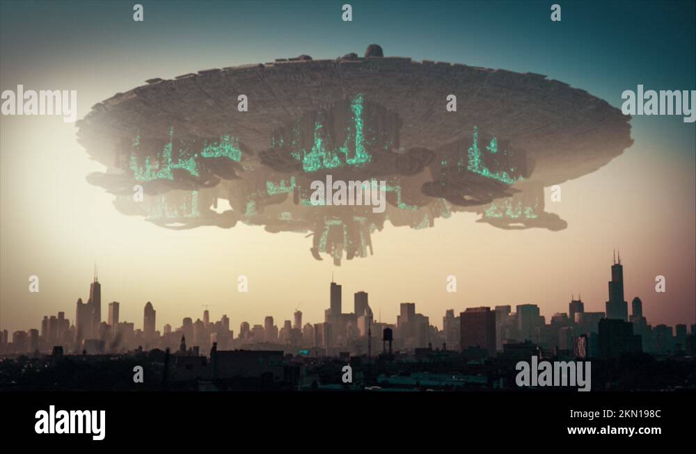 Stunning 3D CGI render of a vast alien UFO mothership, hovering and ...