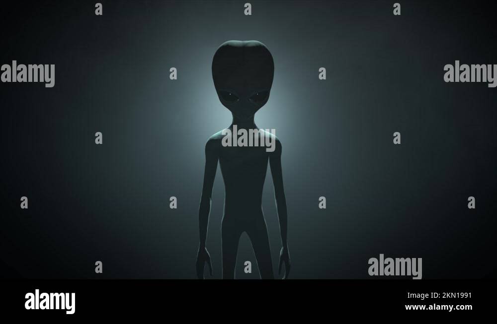 3D CGI VFX animation of a classic Roswell style grey alien on a dark ...