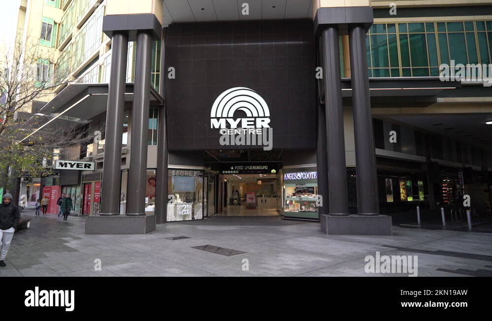 Entrance with massive logo sign of Myer centre, dolly forward view ...