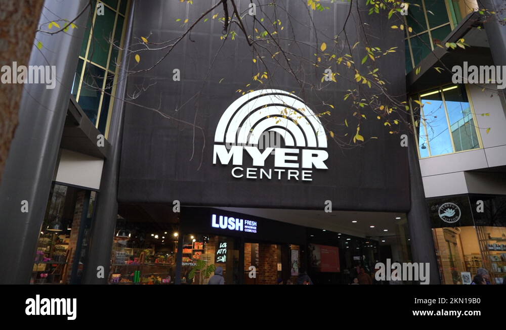 Myer shopping centre massive logo on building exterior, dolly forward ...