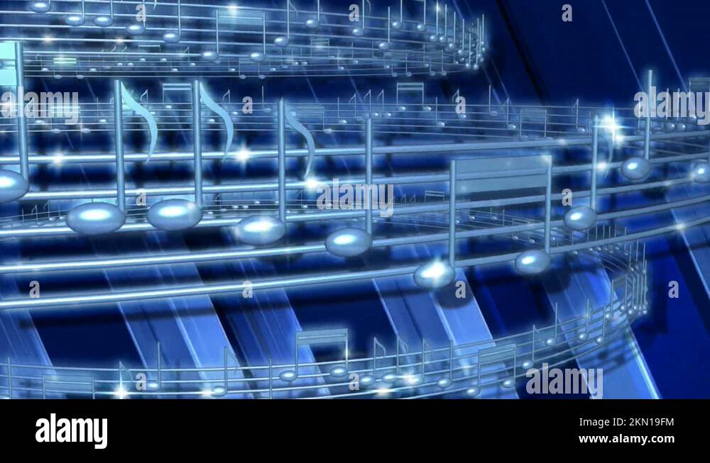 Rotating Musical Notes and Treble Clef on the blue background, loop ...