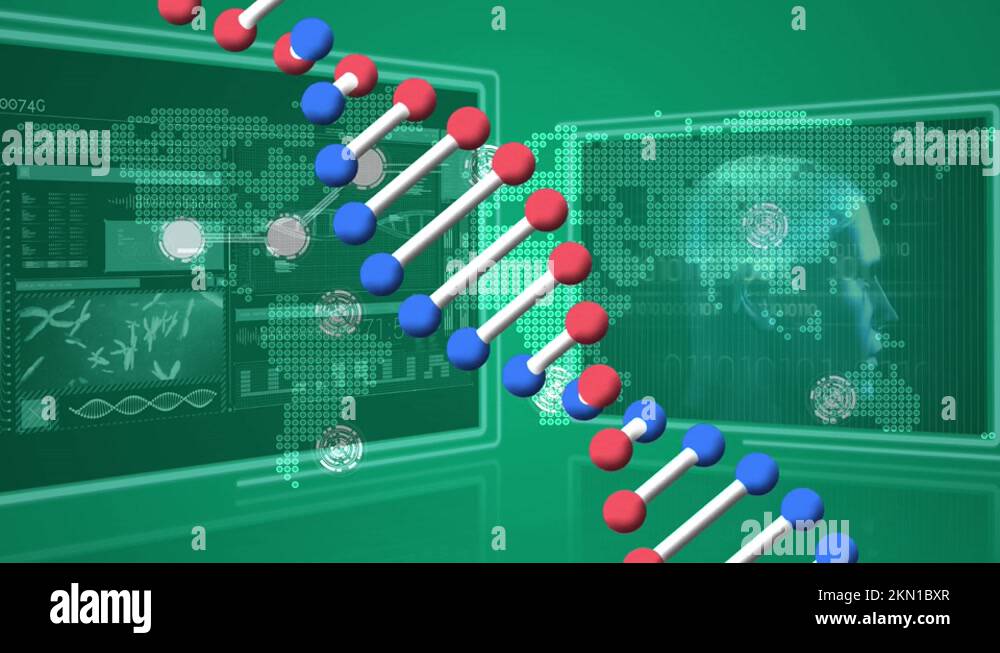 Animation of dna chain over screens with world map and head Stock Video ...