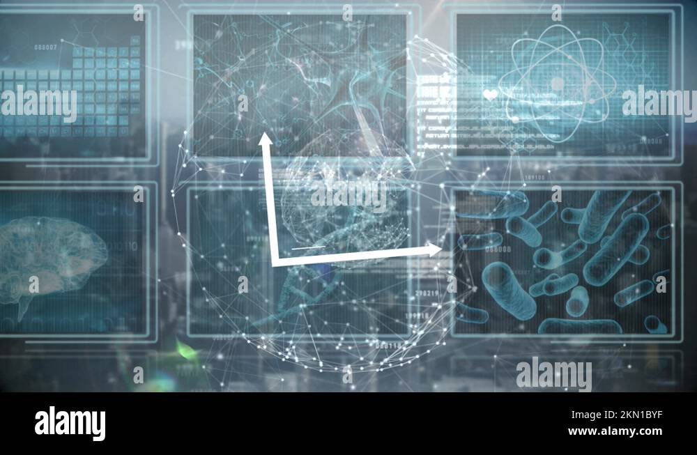 Animation of statistic graph over globe on screens with scientific data ...