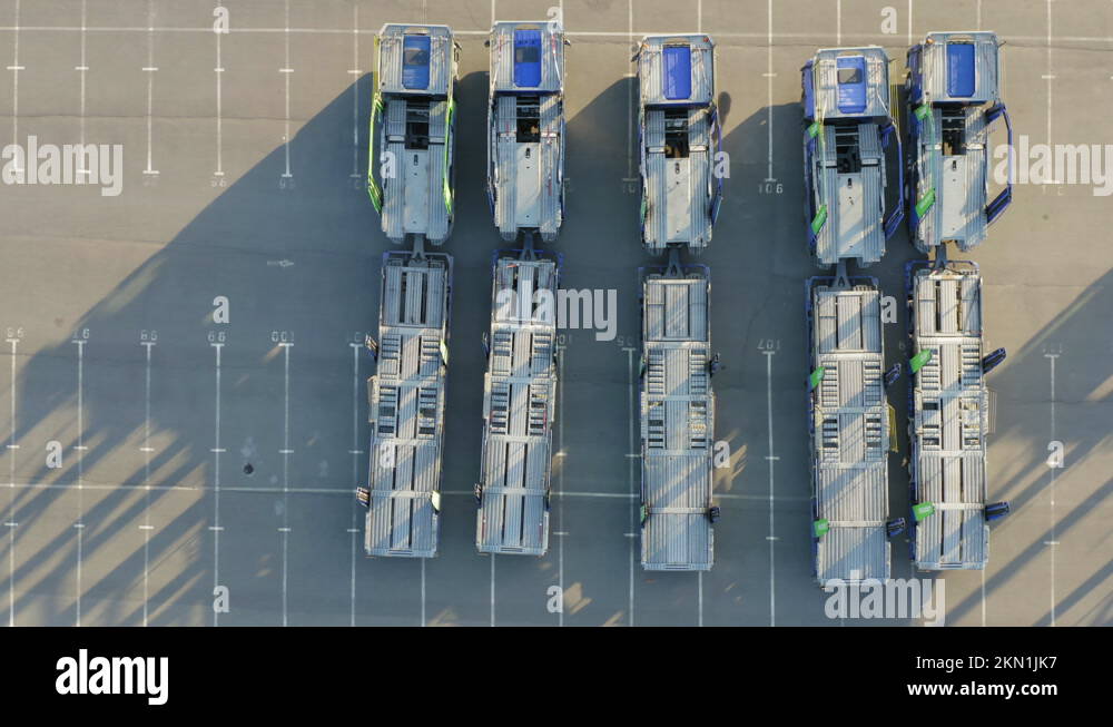 Aerial top down view of an empty car carrier trailers (car-carrying ...