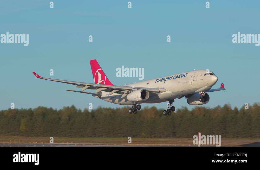 turkish airlines airbus 330f cargo airplane arrival slow motion sunny ...