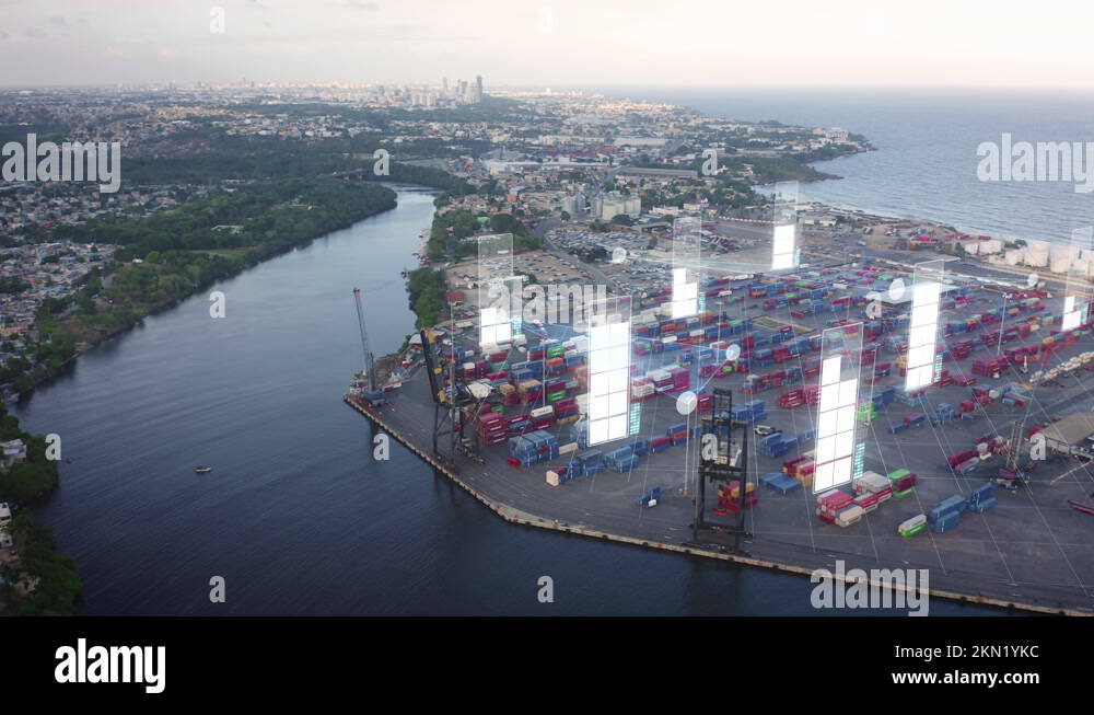 Transshipment port with container levels and data pop up - 3d render ...