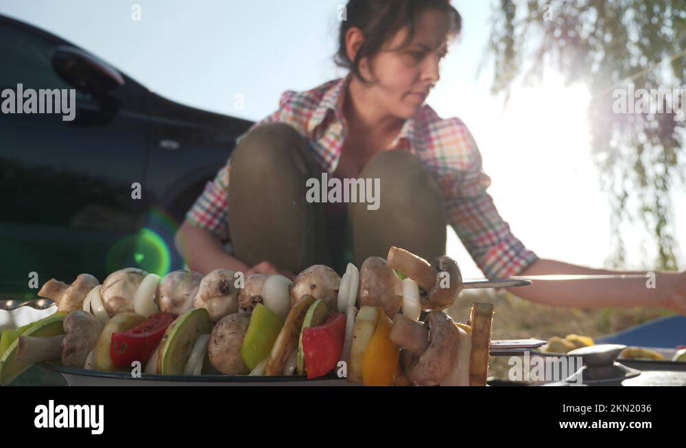 Woman Prepare Vegetables Kebab on Skewer Cook Food over Fire Campfire ...