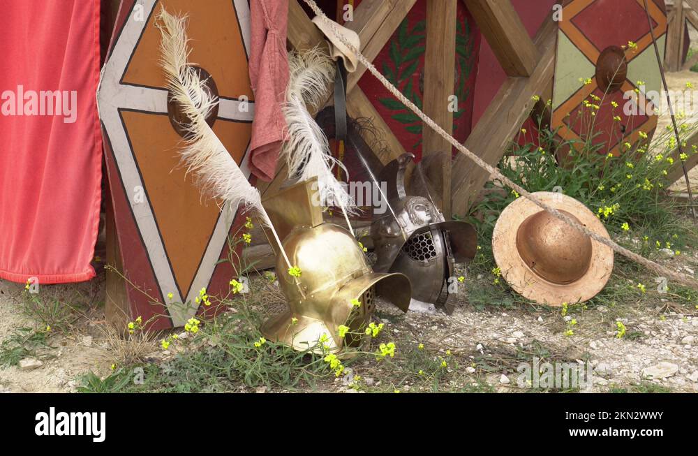 Ancient Roman Gladiators Armour. Helmet and shield of a Gladiator in ...