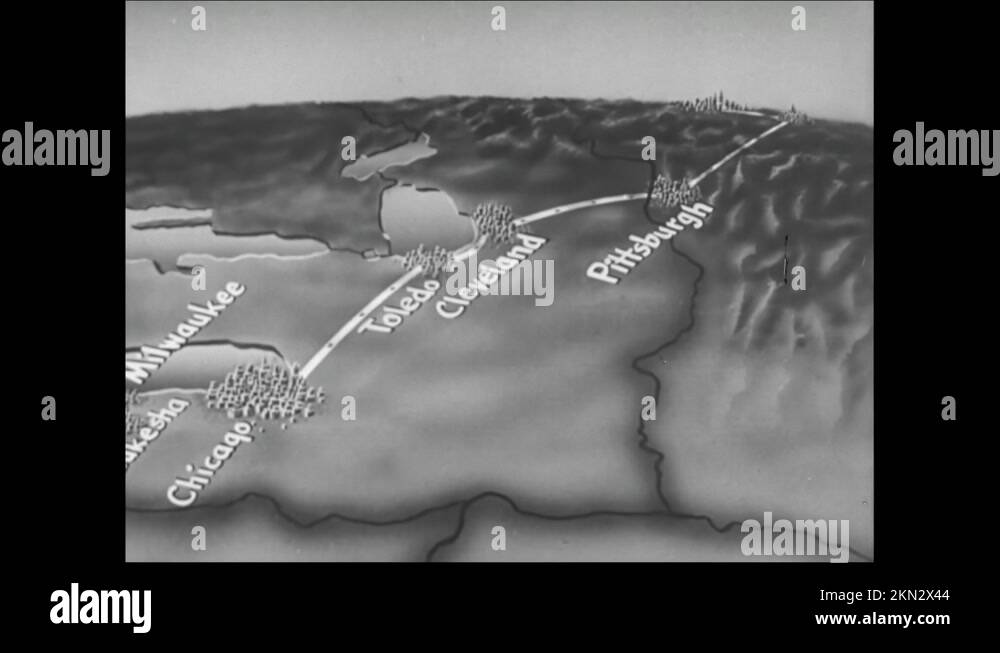 1940s: Map showing Pittsburgh to Chicago and Milwaukee. Building with a ...