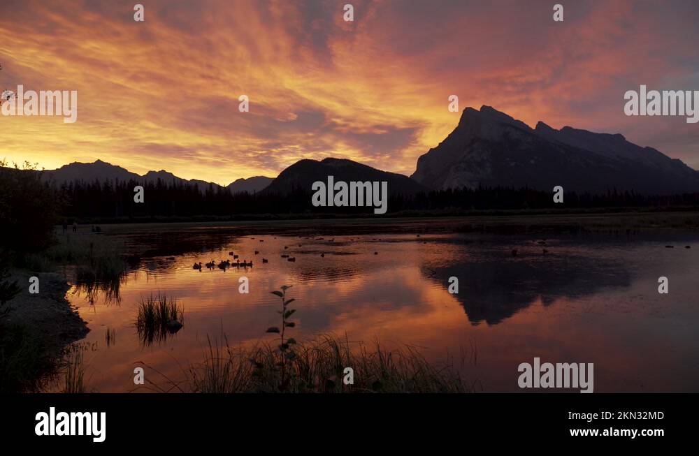 Sunrise in Banff over Vermillion Lake with the sky on fire and ducks on ...