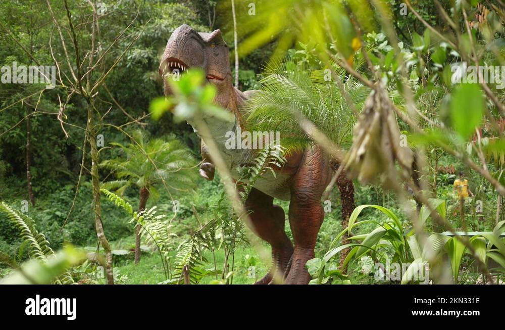 real dinosaur rex in the jungle roaring through the trees Stock Video ...