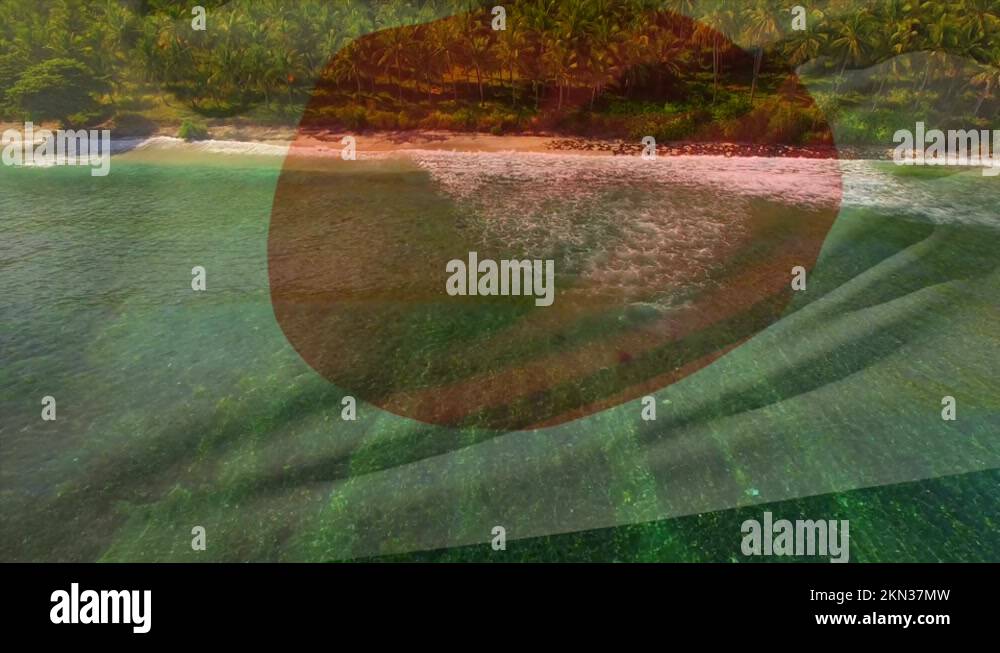 Digital composition of waving japan flag against view of the beach and ...